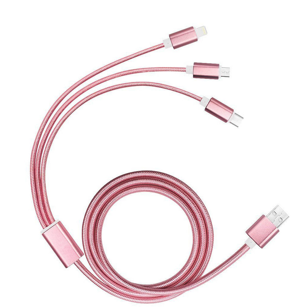 Promotional 3 in 1 Braided USB Charging Cable in Pink